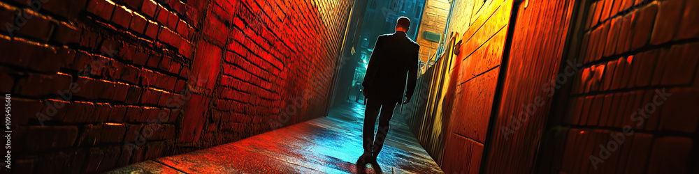 Silent Stalker: A hitman stalking through a dimly lit alley, peeking ...