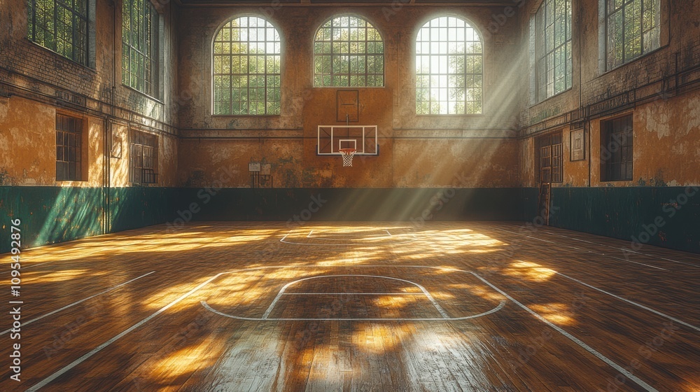 Sunlit old gym basketball court, vintage look, brick walls with peeling ...
