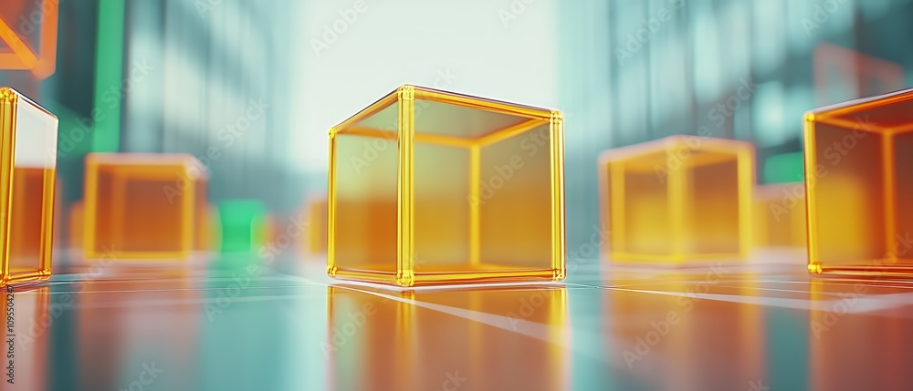 Row of cubes are shown in a city setting. The cubes are all the same ...
