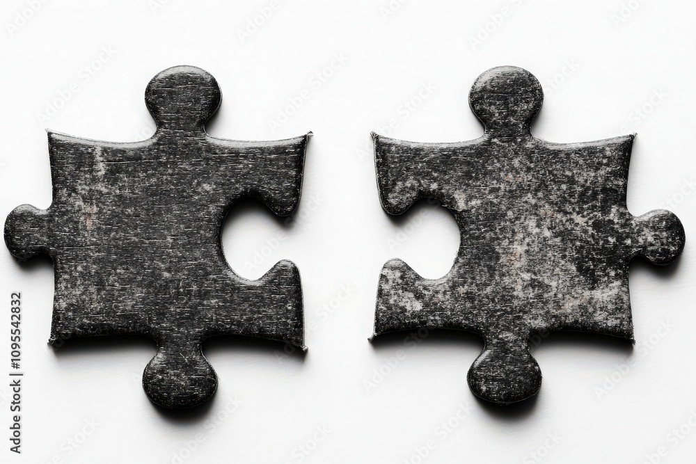 Two worn, black puzzle pieces are shown closely together, symbolizing ...