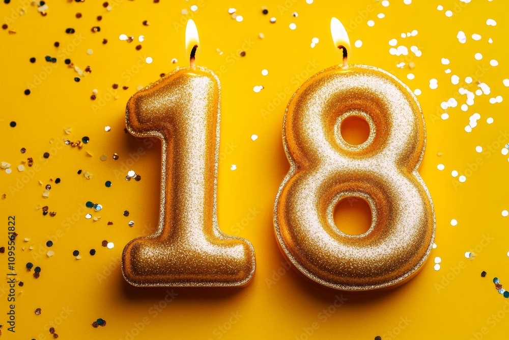 Gold number 18 candles on bright yellow background with confetti for ...