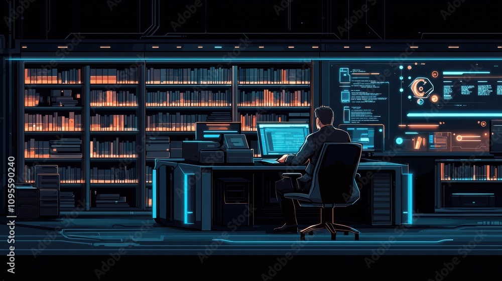 Futuristic library scene featuring ai-powered technology high-tech ...
