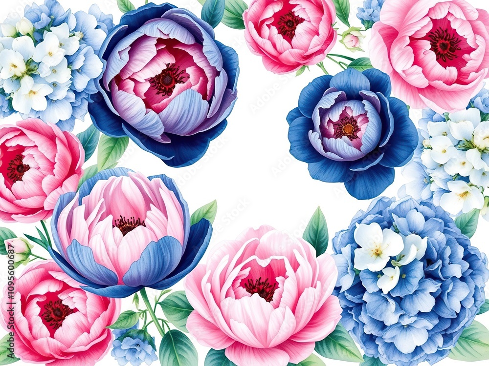 Navy blue and pink peonies and hydrangeas in a watercolor botanical ...