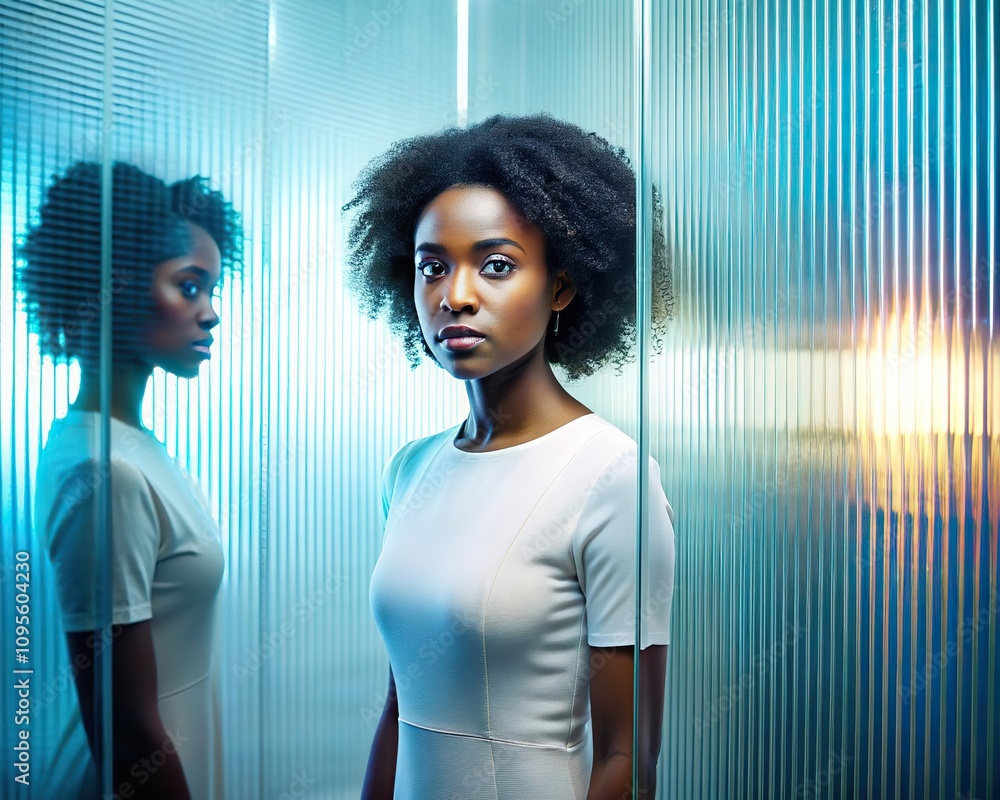 Beautiful girl. Reeded Glass. Ribbed Background. Concept of advertising ...