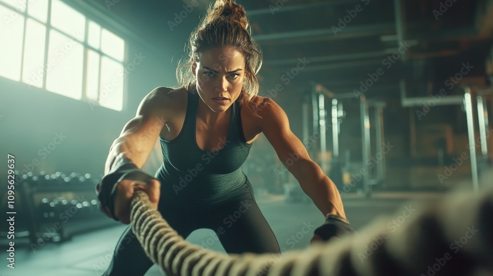 A determined woman performing an intense battle rope workout in the gym ...