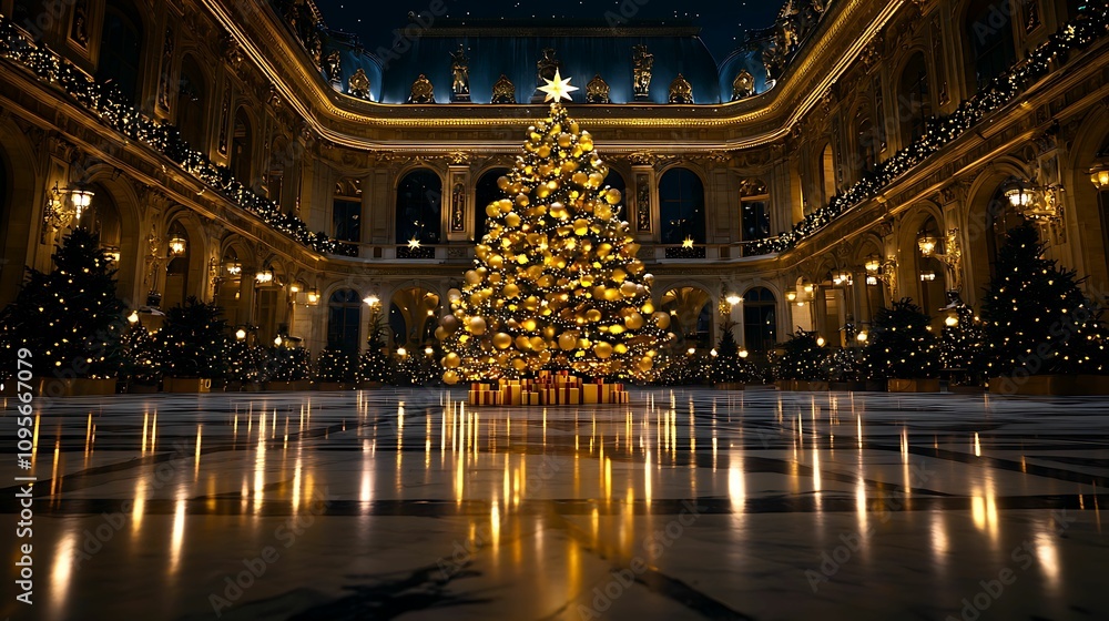 Christmas palace grand. A beautifully decorated Christmas tree stands ...