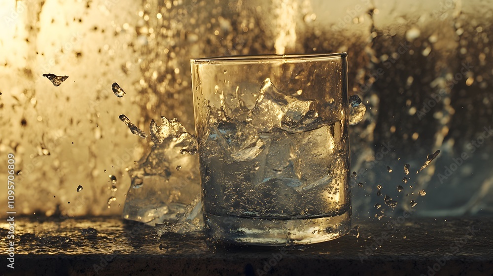 30. A glass of chilled water falling from a high ledge, with ice inside ...