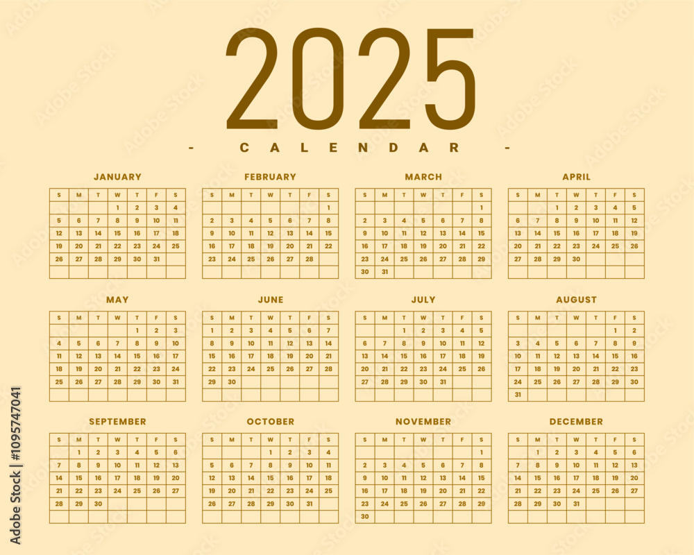 classic 2025 monthly calendar template a printable design Stock Vector ...