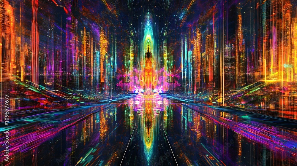 A vibrant digital artwork depicting a futuristic cityscape with a ...