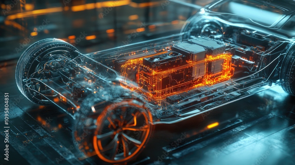 Transparent layers of an electric vehicle battery pack, revealing ...