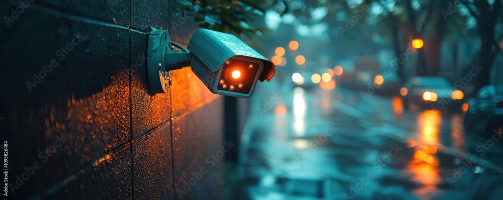 Cctv security camera monitoring rainy urban streets evening setting ...