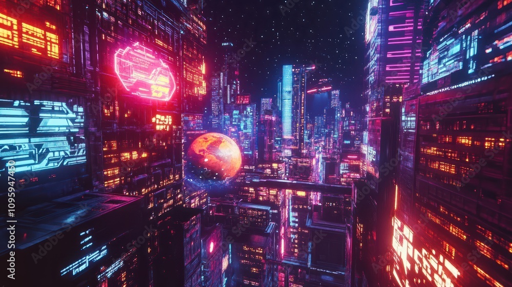 Cyberpunk Earth with neon-lit continents, digital overlays, and a ...