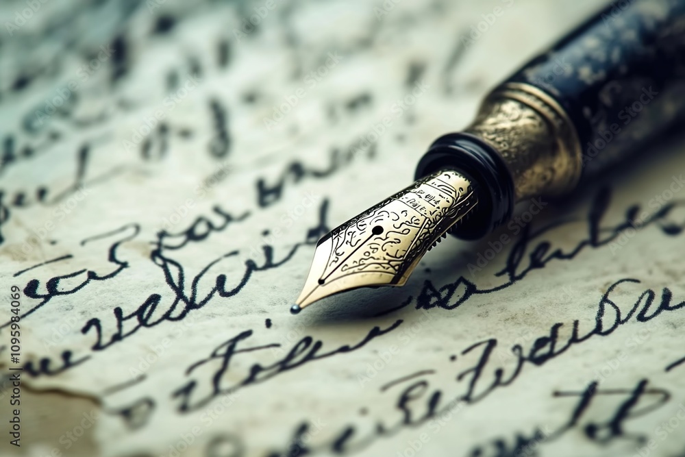 A vintage fountain pen resting on an old-fashioned, handwritten letter ...