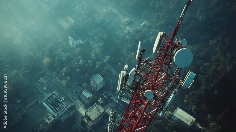 Aerial drone view of 5G telecommunication tower. GSM and radio telecommunication tower. Cell ...