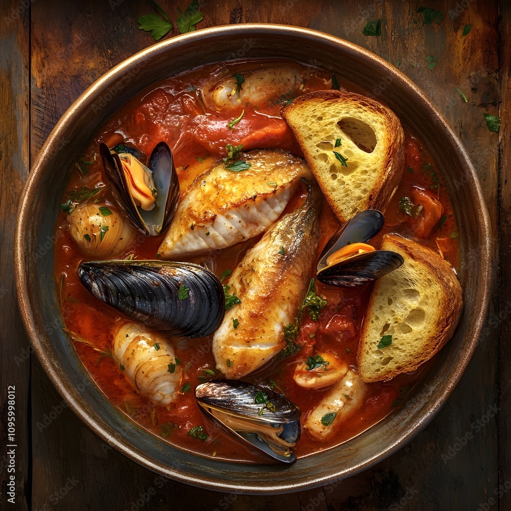 French bouillabaisse, a rustic fish stew served in a deep ceramic bowl ...