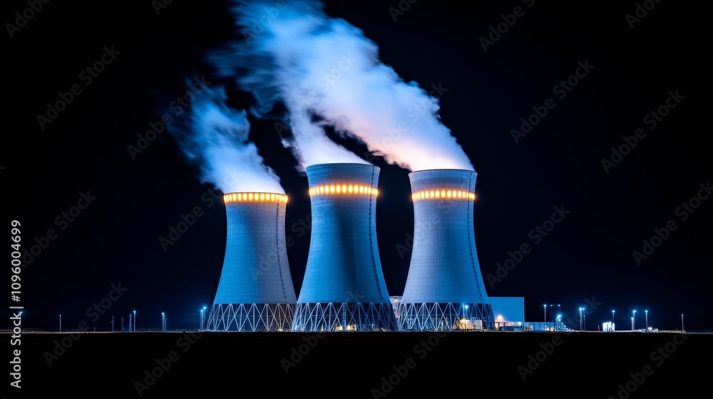 Nuclear Power Plant at Night: Three majestic cooling towers of a ...
