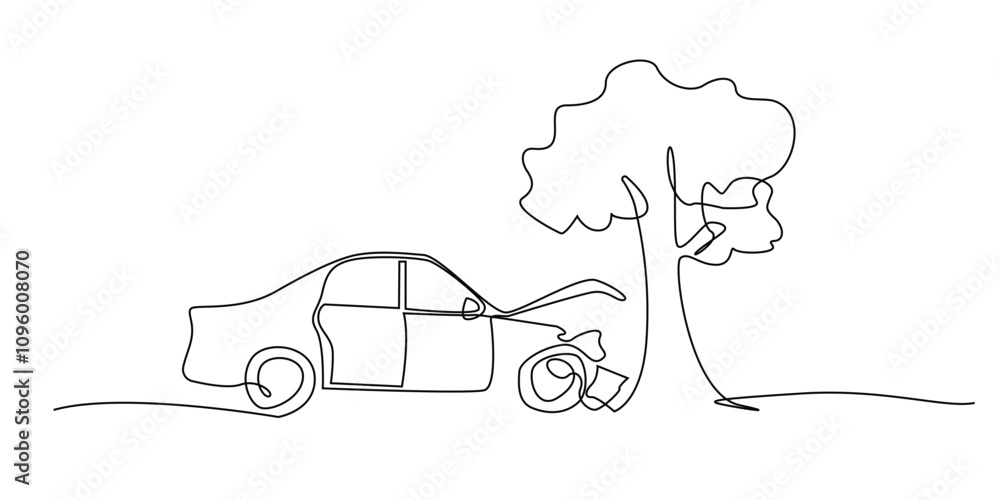 continuous line drawing of car crashing into a tree.single line drawing ...