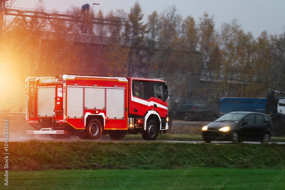 Firetruck driving on a road. Fire vehicle driving fast on a road in an ...
