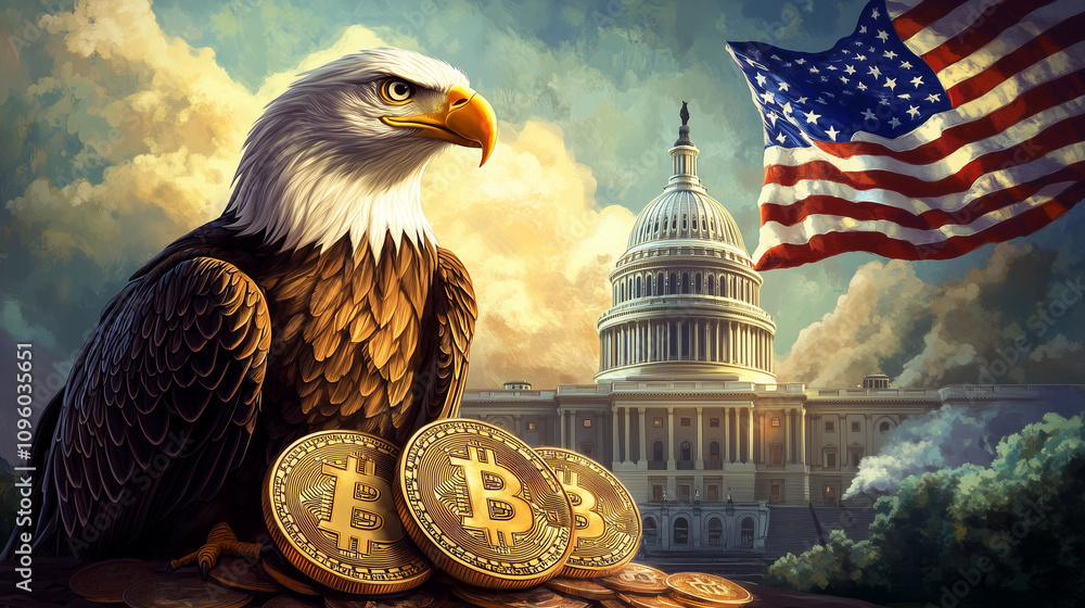 The bald eagle on the left side of the picture is sitting in front of ...