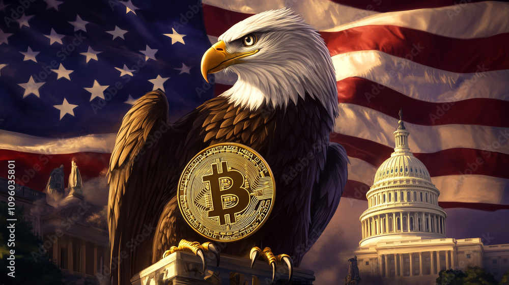 The bald eagle on the left side of the picture is sitting in front of ...