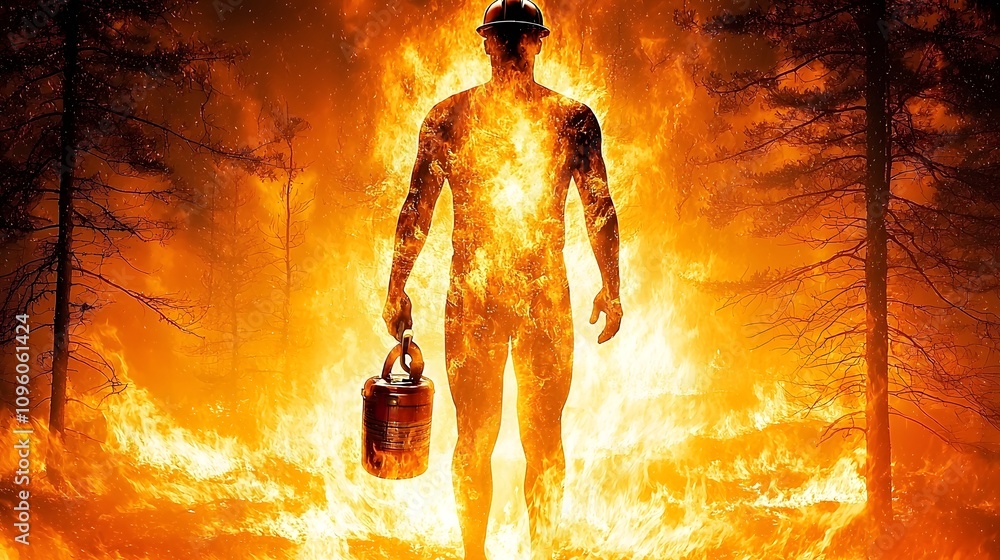 A man's body, with clothing elements like a fire extinguisher and a ...