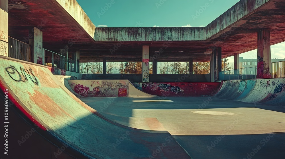 51. A wide-angle view of an urban skate park with faded colors and ...