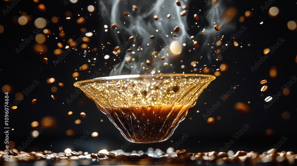 Flying Japanese pour-over coffee: Amber liquid stream and floating ...