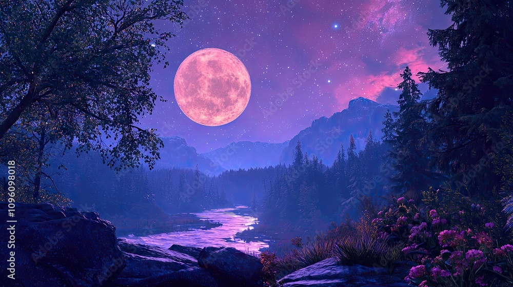 Generate a breathtaking nighttime scene with a giant moon, or two moons ...