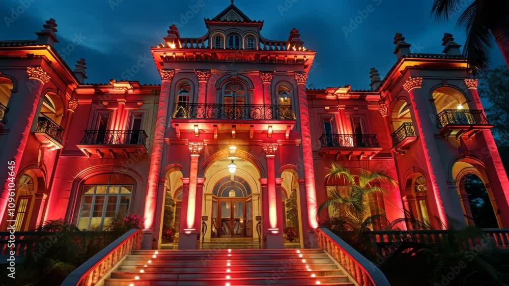 Elegant mansion illuminated at dusk with vibrant lights along the grand ...