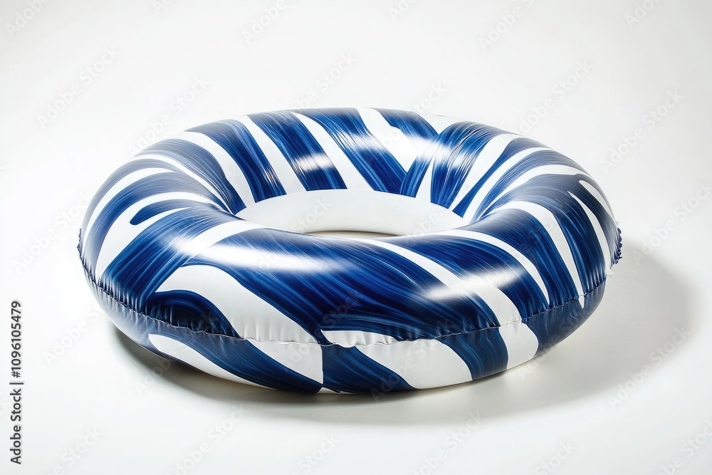 A blue and white inflatable swimming ring, with the design of geometric ...