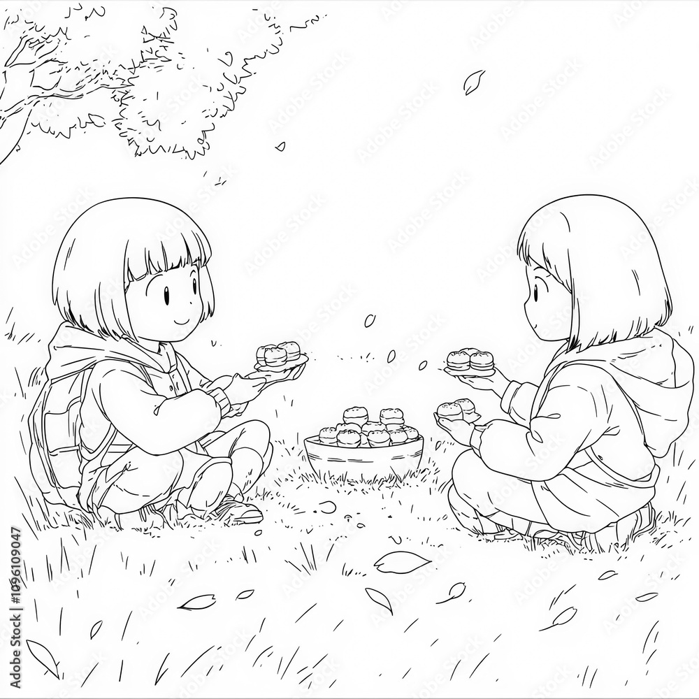 A girl sharing sweets with her friends during hanami, anime coloring ...