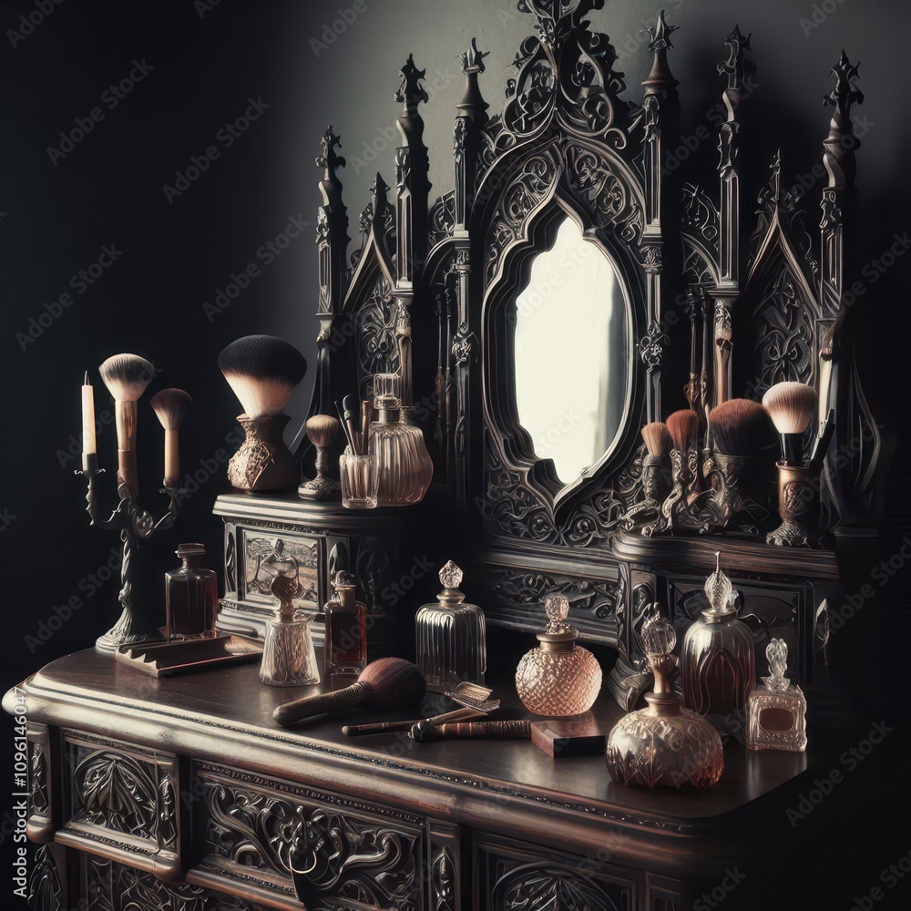An ornate, gothic-style vanity with intricate wood carvings, a central ...