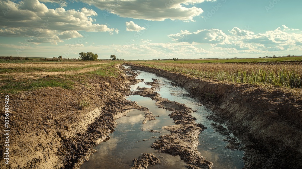 Irrigation canal showing dry, cracked banks and low water levels due to ...