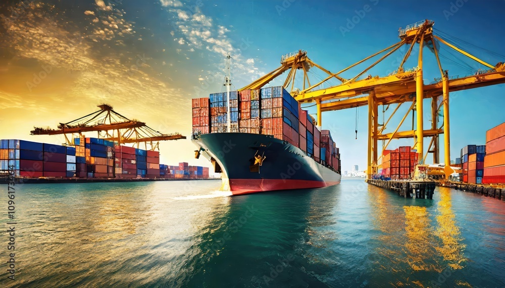 Massive container ship loaded with colorful cargo boxes at an export ...