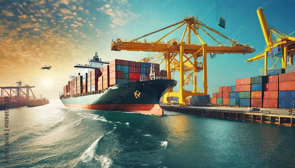 Container Ship Docked at Port with Quay Crane Loading and Unloading ...