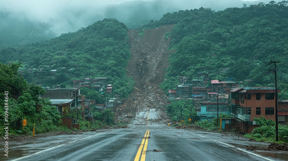 Landslide Aftermath in Rural Area with Dense Forest and Rainy Sky ...