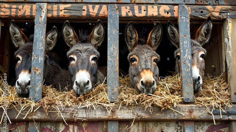 Curious donkeys peering through wooden bars in a rustic stable filled ...