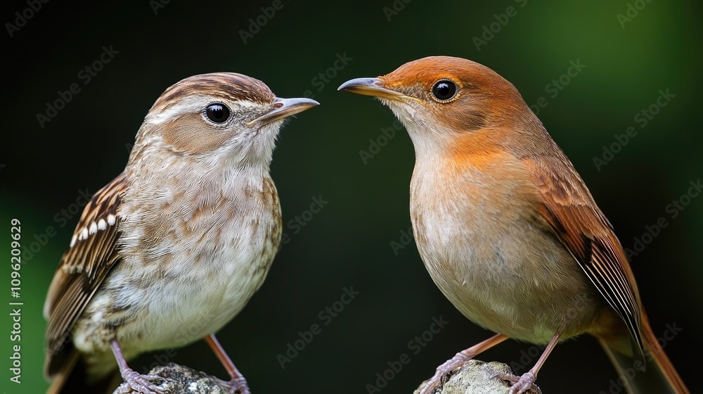 Two songbirds perched closely together, one with prominent brown eyes ...