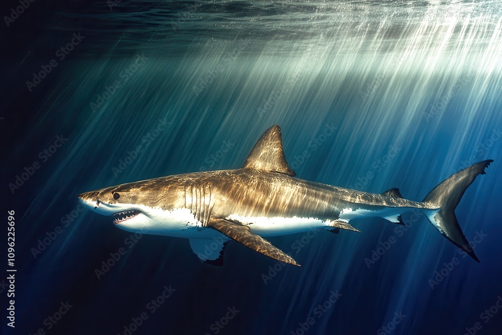 Great White Shark Underwater Profile A powerful great white shark Stock ...