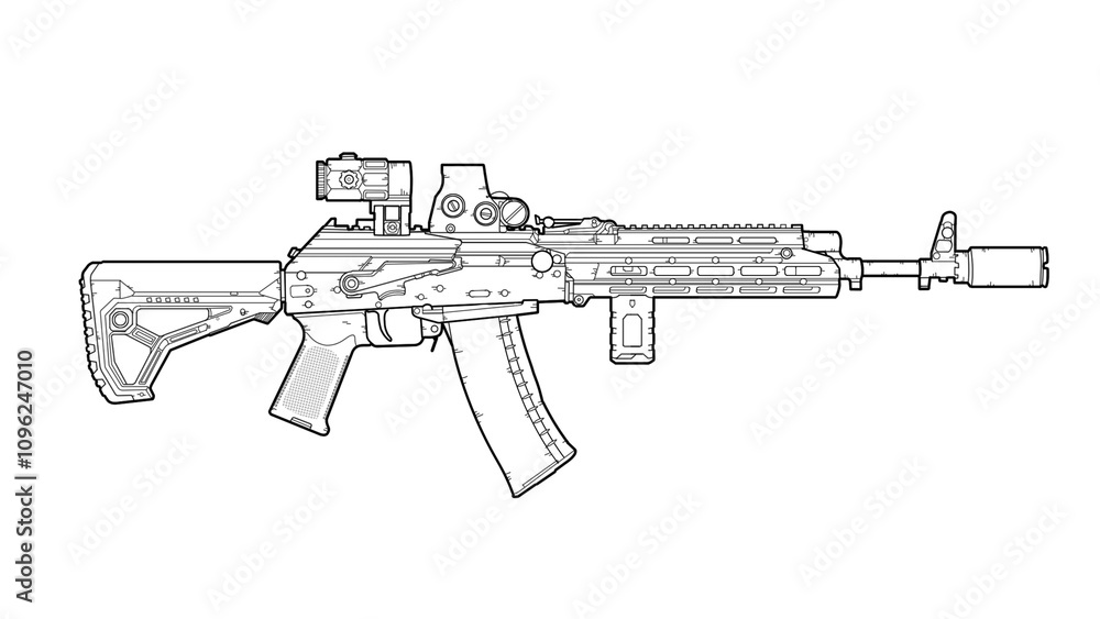 Poster lineart line art Upgraded AK assault rifle with collimator sight ...