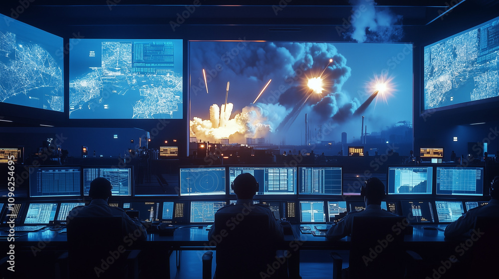ภาพประกอบสต็อก Tactical command center monitoring explosions and ...
