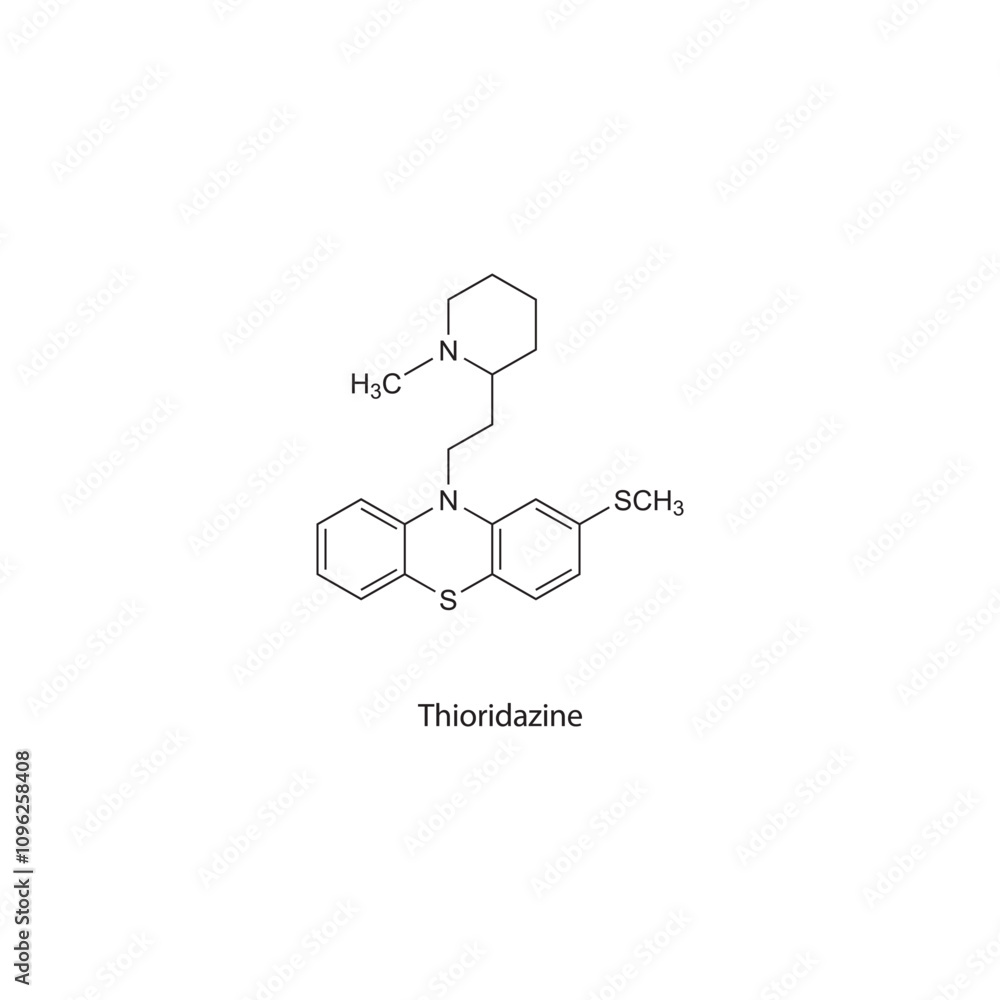 Thioridazine flat skeletal molecular structure Antipsychotic drug used ...
