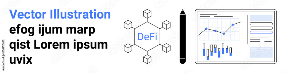 DeFi symbol with hexagonal blockchain structure, pen, and analytics ...