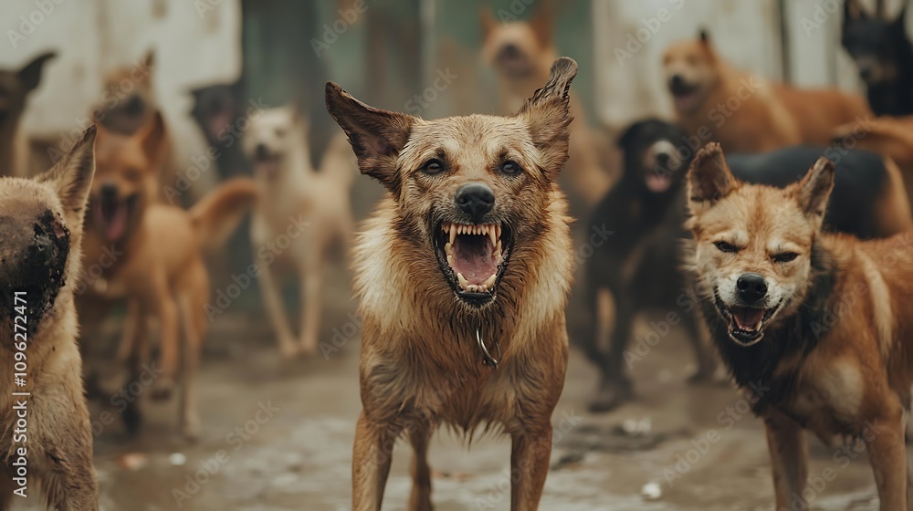 Pack of Stray Dogs in a Run-Down Shelter Yard. AI Generated Stock Photo ...