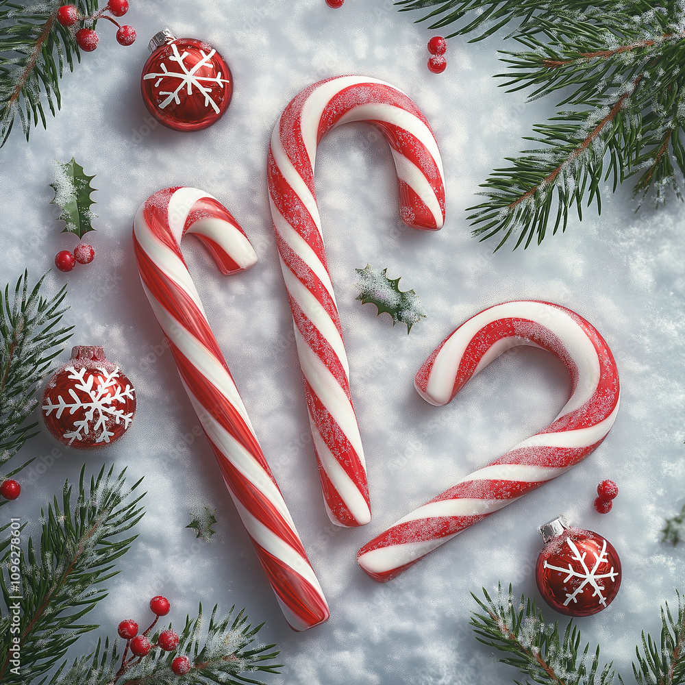 Christmas. Close-up of red white candy canes with pine branches and ...