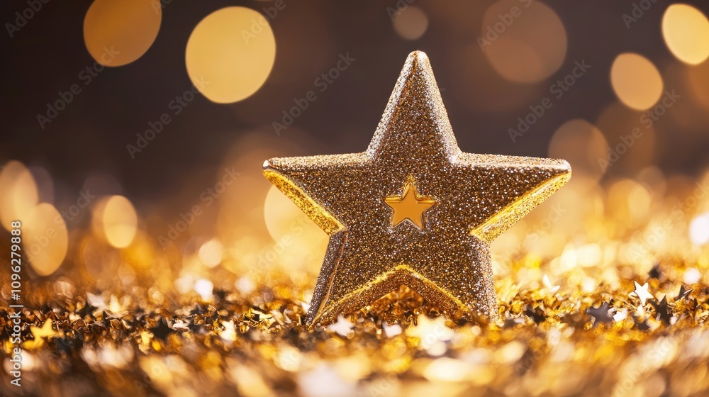 Sparkling gold star on shimmering glitter background, symbolizing ...
