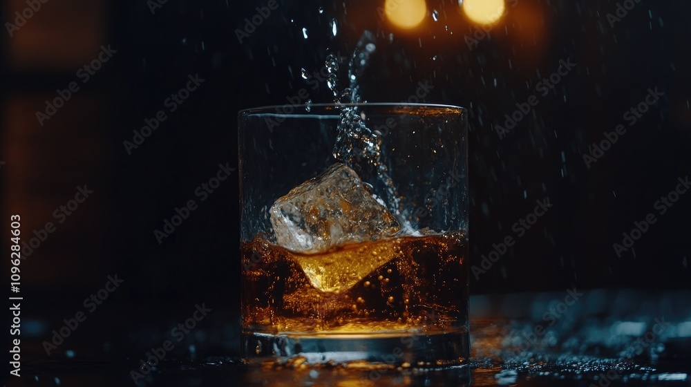 Ice cube splashes into a glass of whiskey, droplets flying against a moody, dark background ...