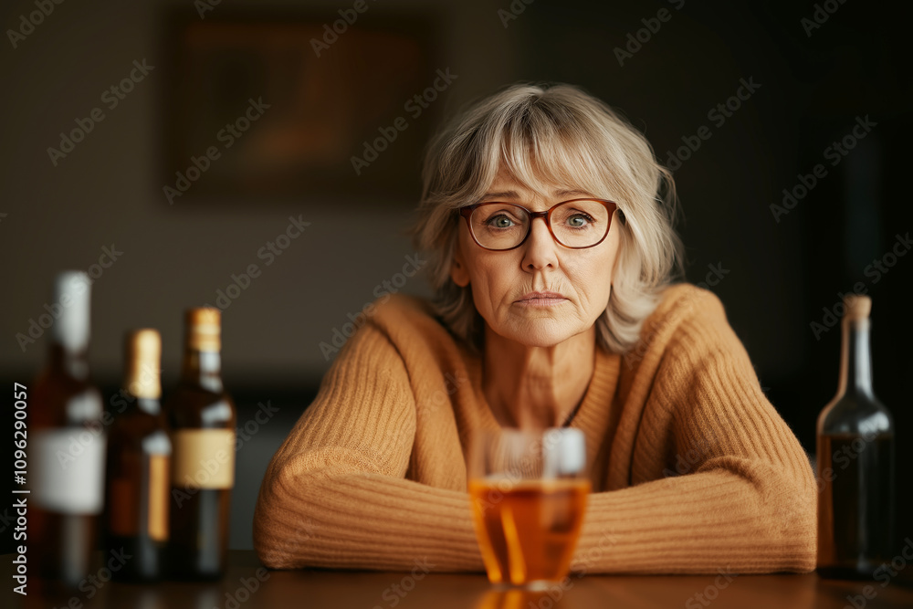 Elderly woman drinking alone at home, struggling with alcoholism and ...
