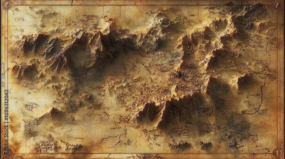 A vintage-style map illustrating a vast and complicated terrain of ...