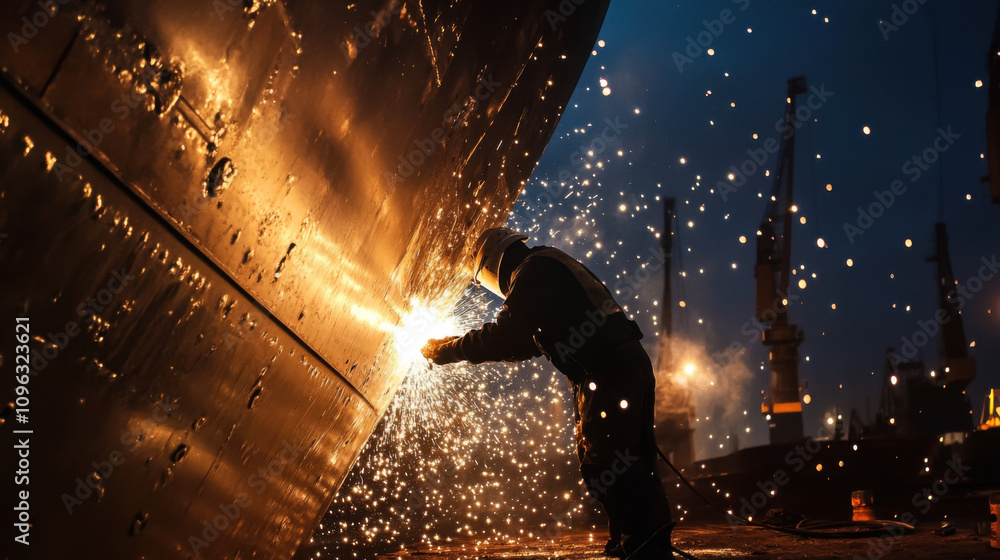 Welding sparks illuminate shipbuilder working on massive naval vessel ...
